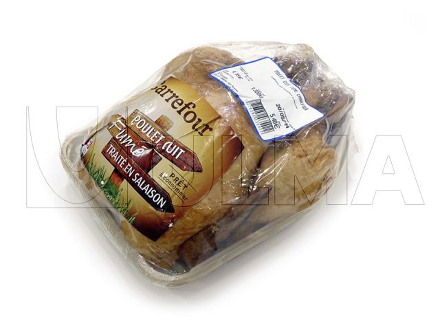 Roasted whole chicken in flow pack with tray and shrink barrier film ...